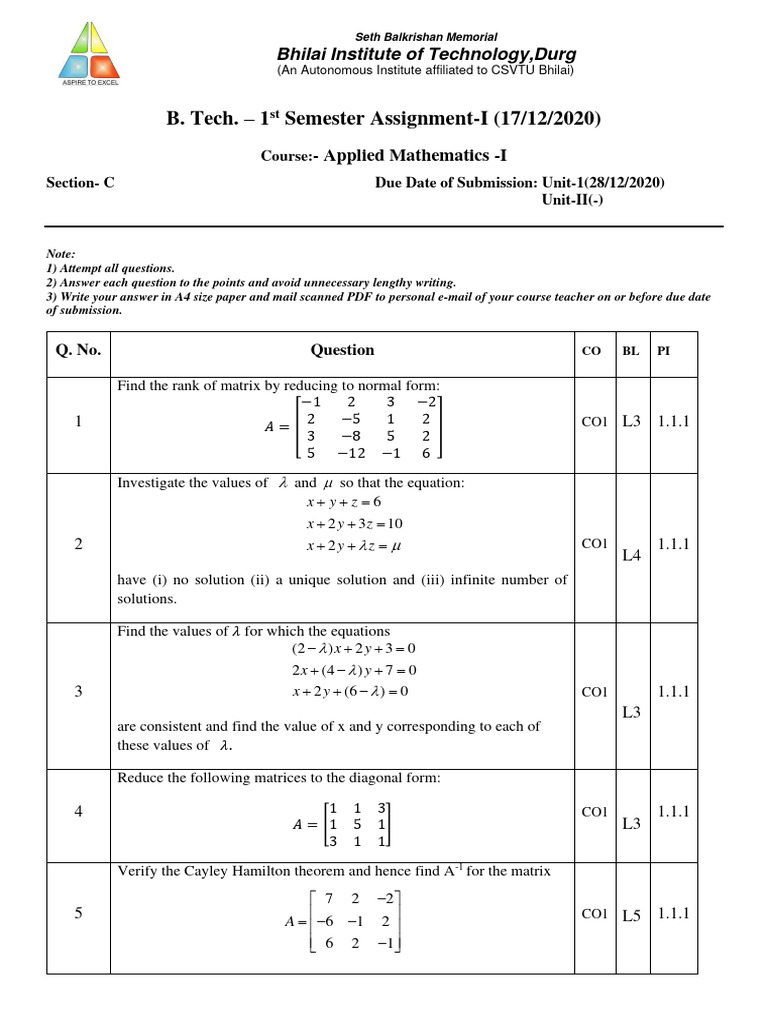 Assignment-I - 1st Sem | PDF | Matrix (Mathematics) | Algebra