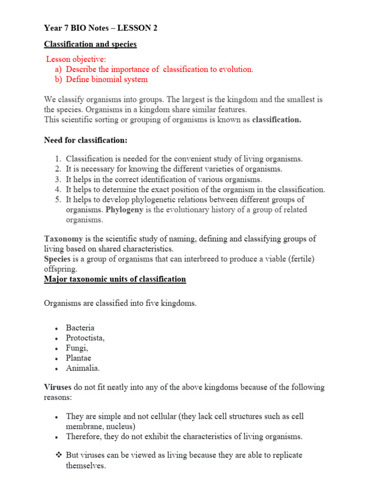 Year 7 BIO Notes Classification-Lesson 2 | PDF | Taxonomy (Biology) | Genus