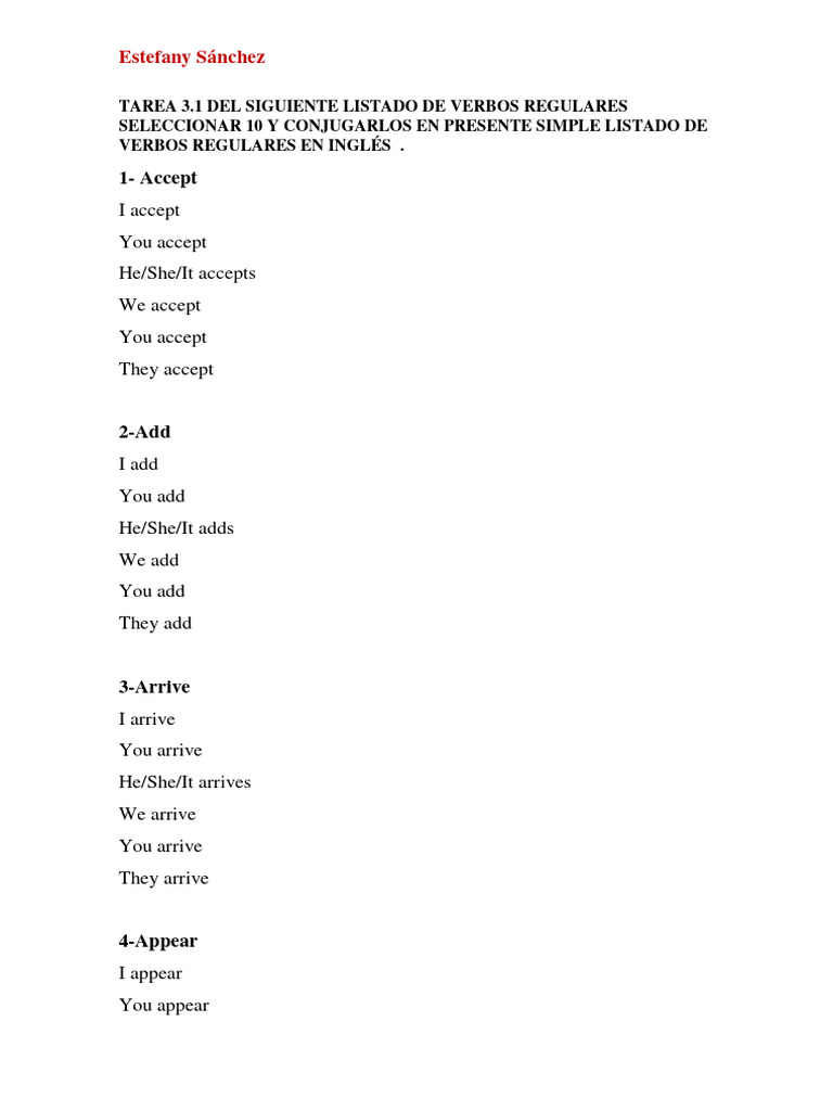 Conjugación de Verbos Regulares en Presente Simple | PDF | Language Arts & Discipline | Foreign ...