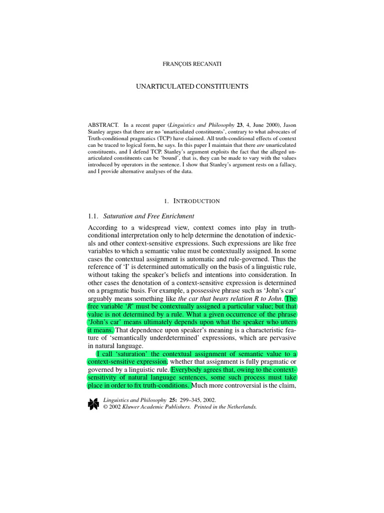 (2002) Recanati - Unarticulated Constituents | PDF | Interpretation ...