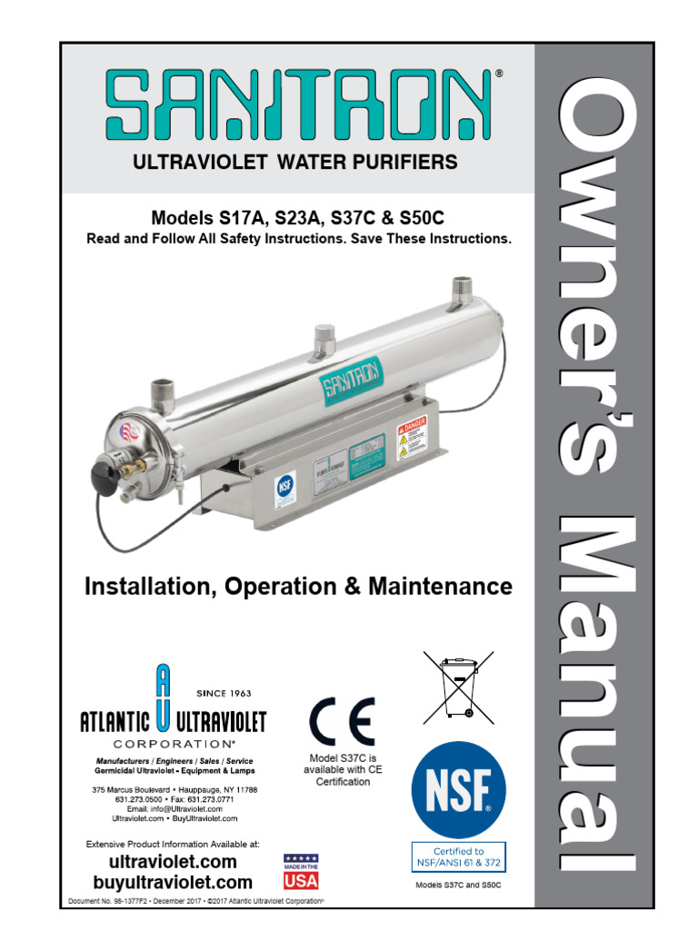 Atlantic Ultraviolet Sanitron Manual S17A-S50C | PDF