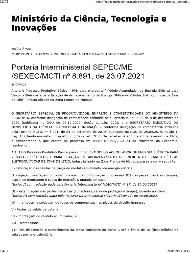 Portaria Interministerial SEPEC/ME /SEXEC/MCTI Nº 8.891, de 23.07.2021 ...