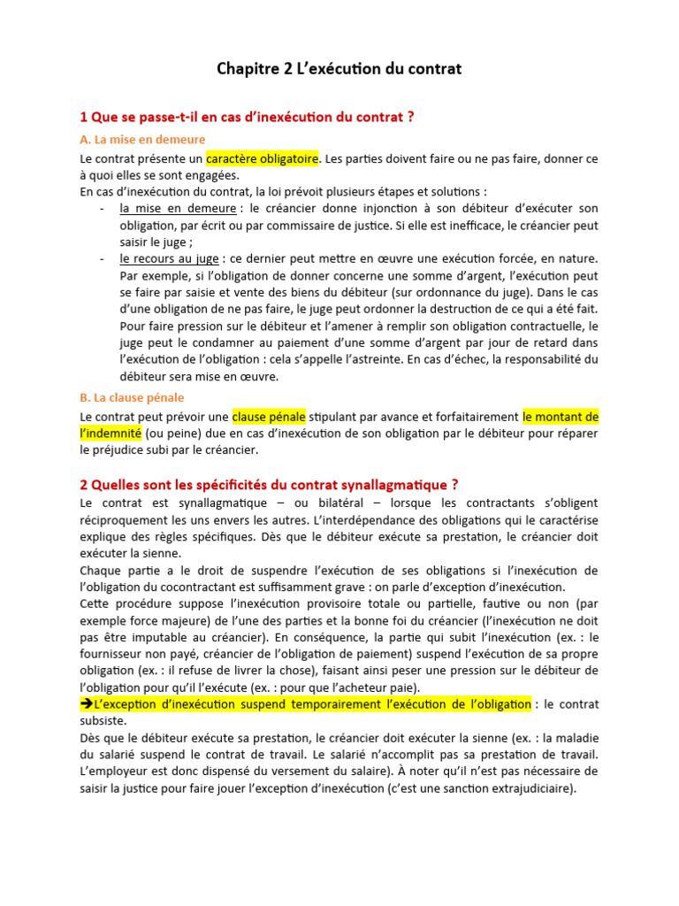 Chapitre 2 L Exécution Du Contrat | PDF | Affaires | Finance et gestion ...