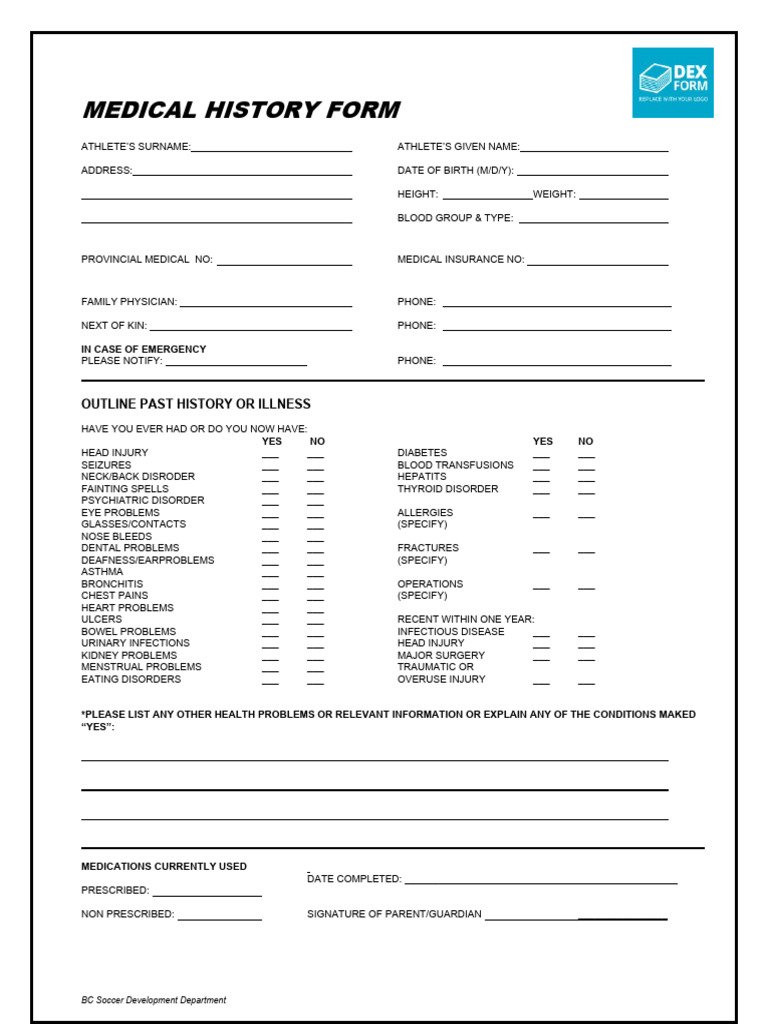 Soccer Player Medical History Form Template | PDF | Injury | Causes Of ...