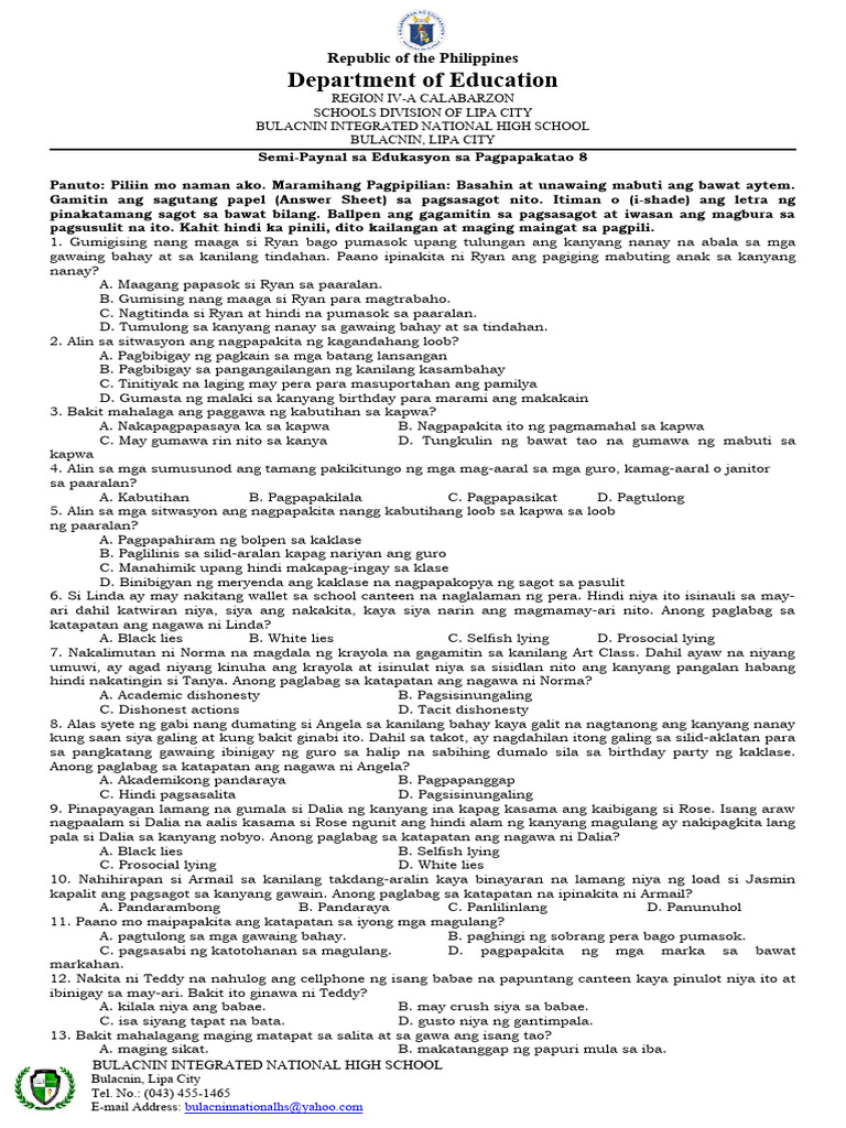 4th Periodical Exam ESP 8 | PDF