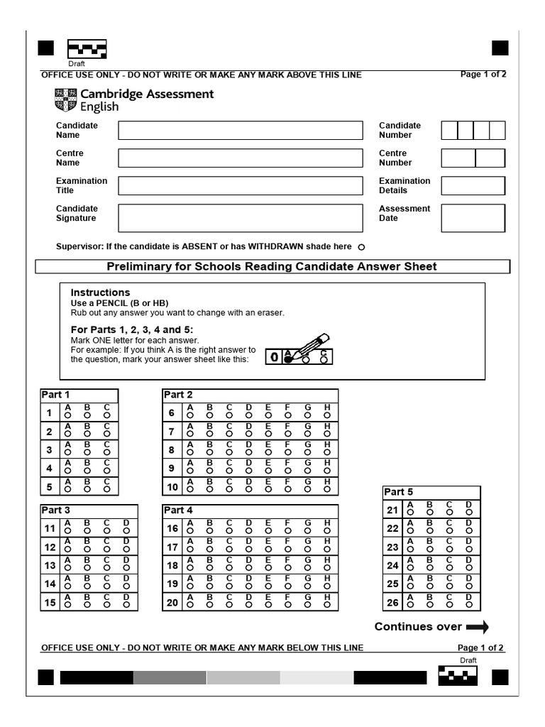 Answer Sheets 2020 PET | PDF