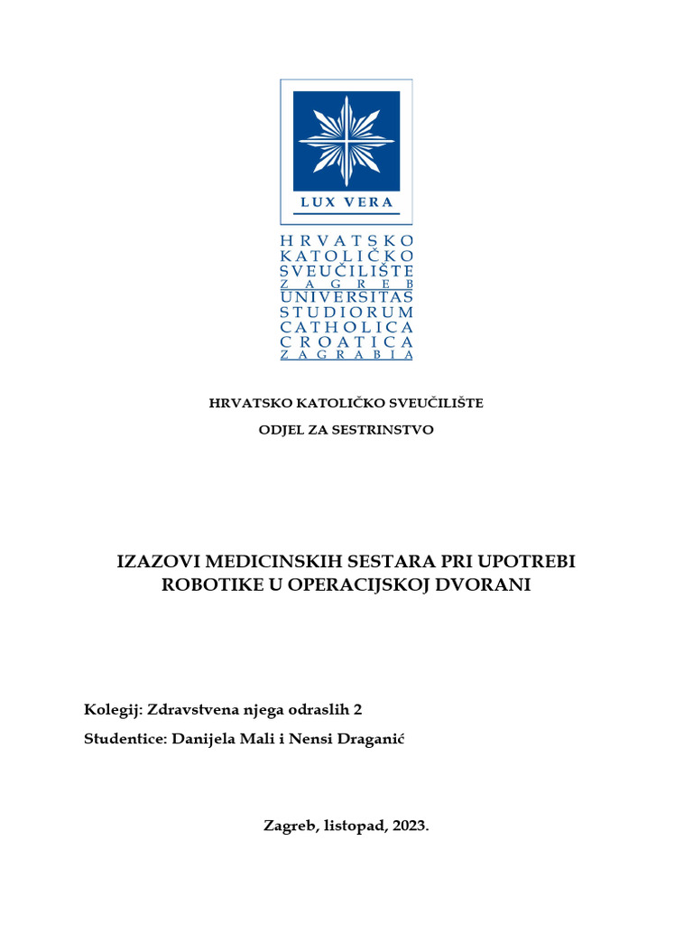 Izazovi Medicinskih Sestara Pri Upotrebi Robotike U Operacijskoj Dvorani | PDF