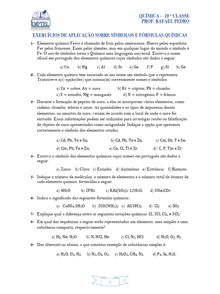 Exercicios - Símbolos e Fórmulas Químicas - 10.1 | PDF