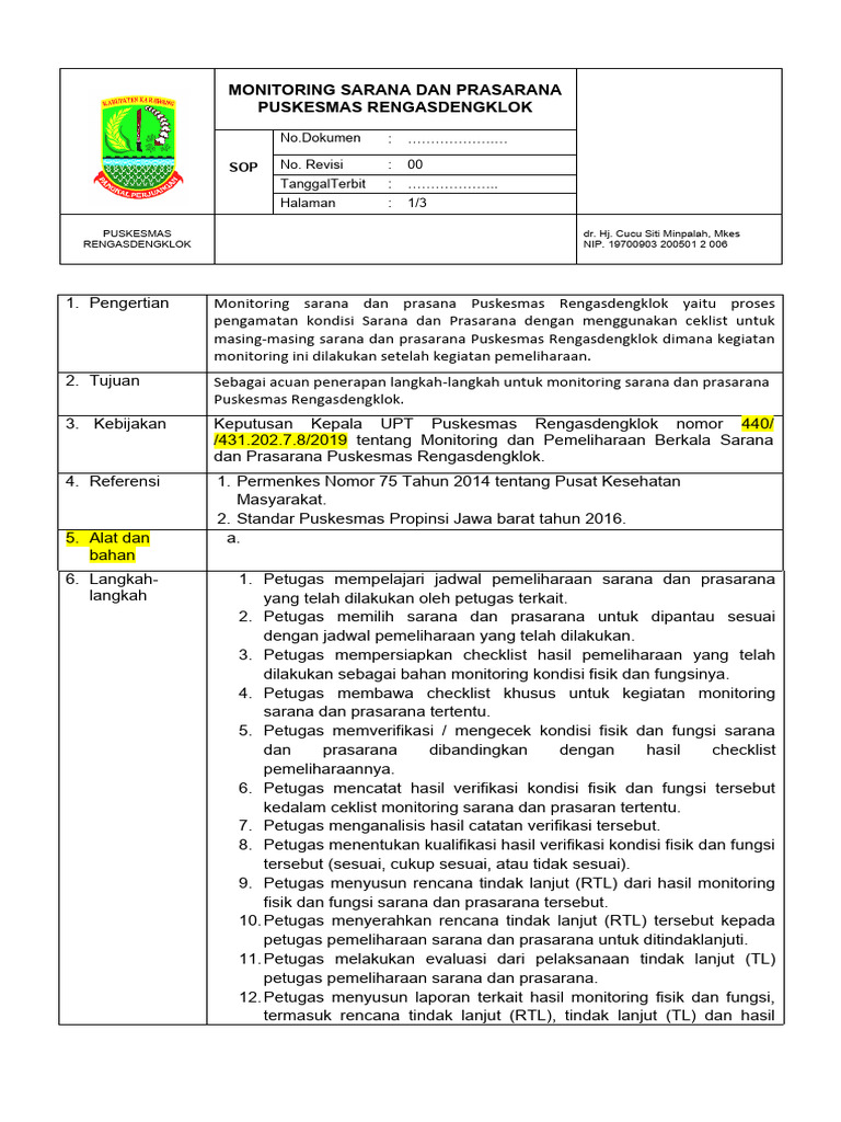 1.4.2.2 Sop Monitoring Sarana Dan Prasarana Puskesmas Rengasdengklok | PDF