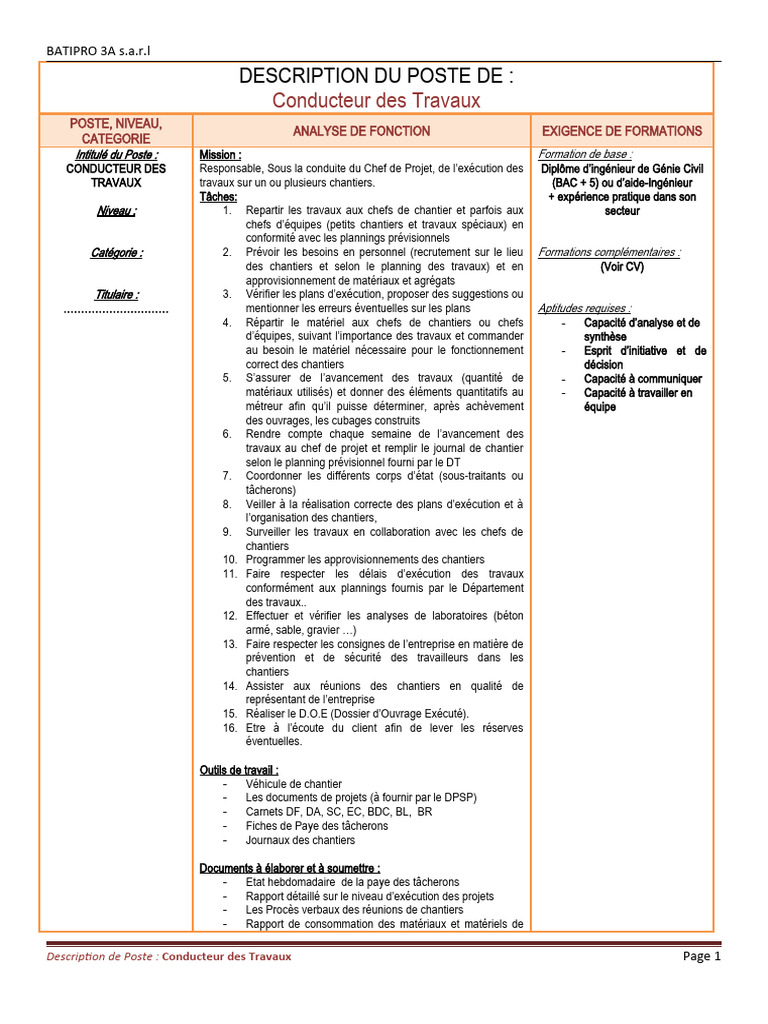 Poste de Conducteur Des Travaux | PDF