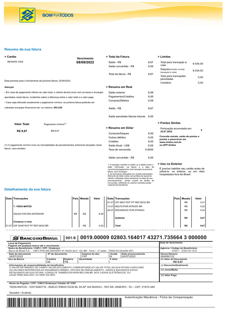 Fatura BB 03082022 | PDF | Visa Inc. | Moeda