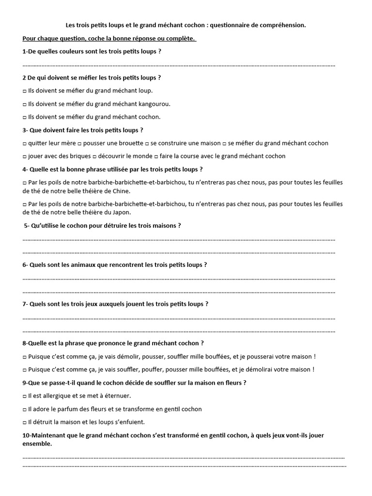 Les Trois Petits Loups Et Le Grand Méchant Cochon - Questionnaire ...