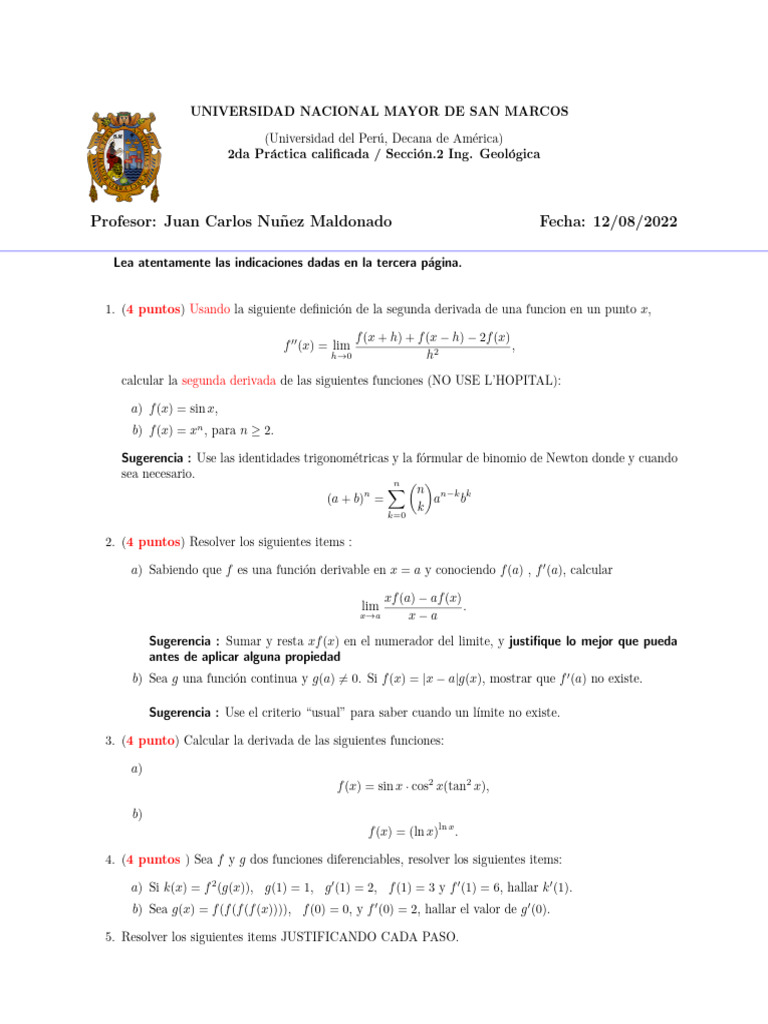 2da PR Ctica Calificada de C Lculo 1 Ing Geol Gica | PDF | Objetos matemáticos | Análisis