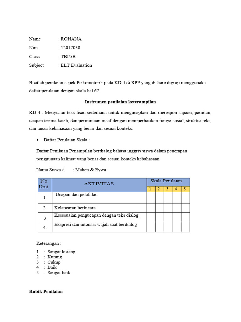 Elt Evaluation - Uas Rohana 12017038 | PDF | Karier & Perkembangan | Seni & Disiplin Bahasa