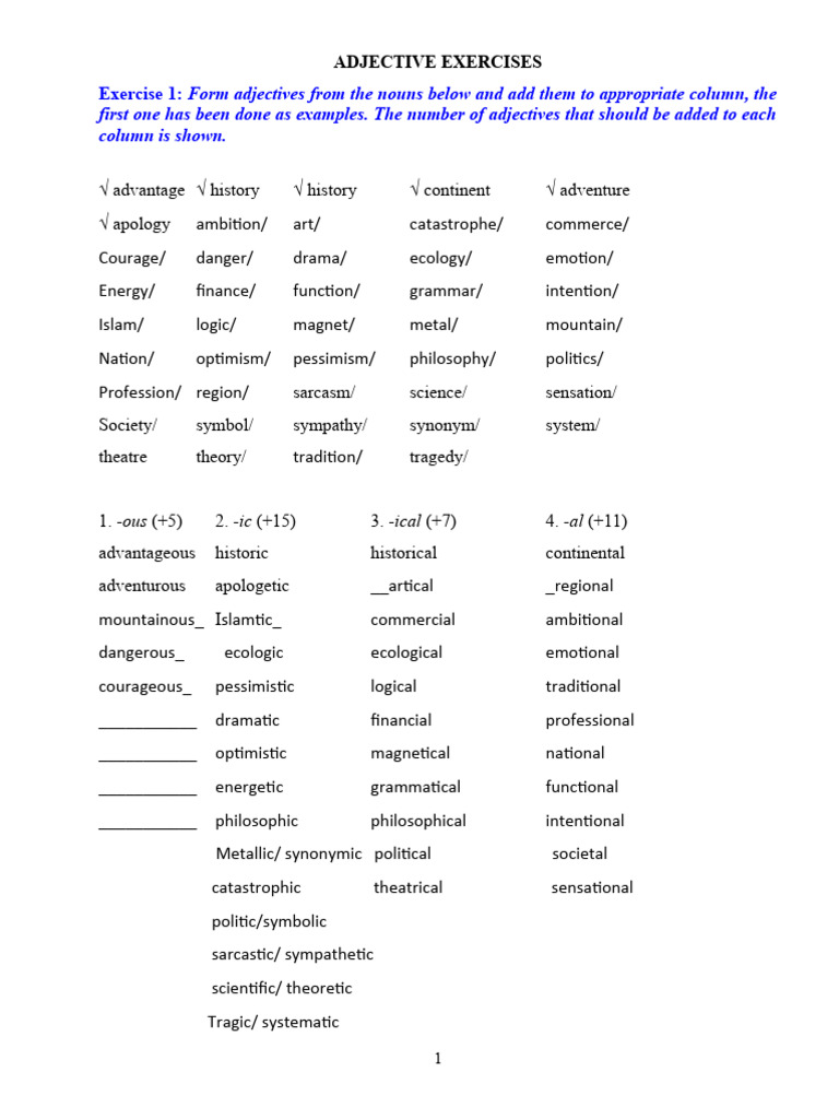 Adjectives. Exercise | PDF | Adjective | Pessimism