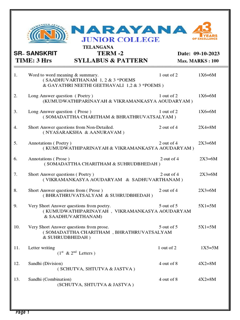 Proposed TS SR Sanskrit Term-2 Syllabus & Pattern 2023-24 | PDF