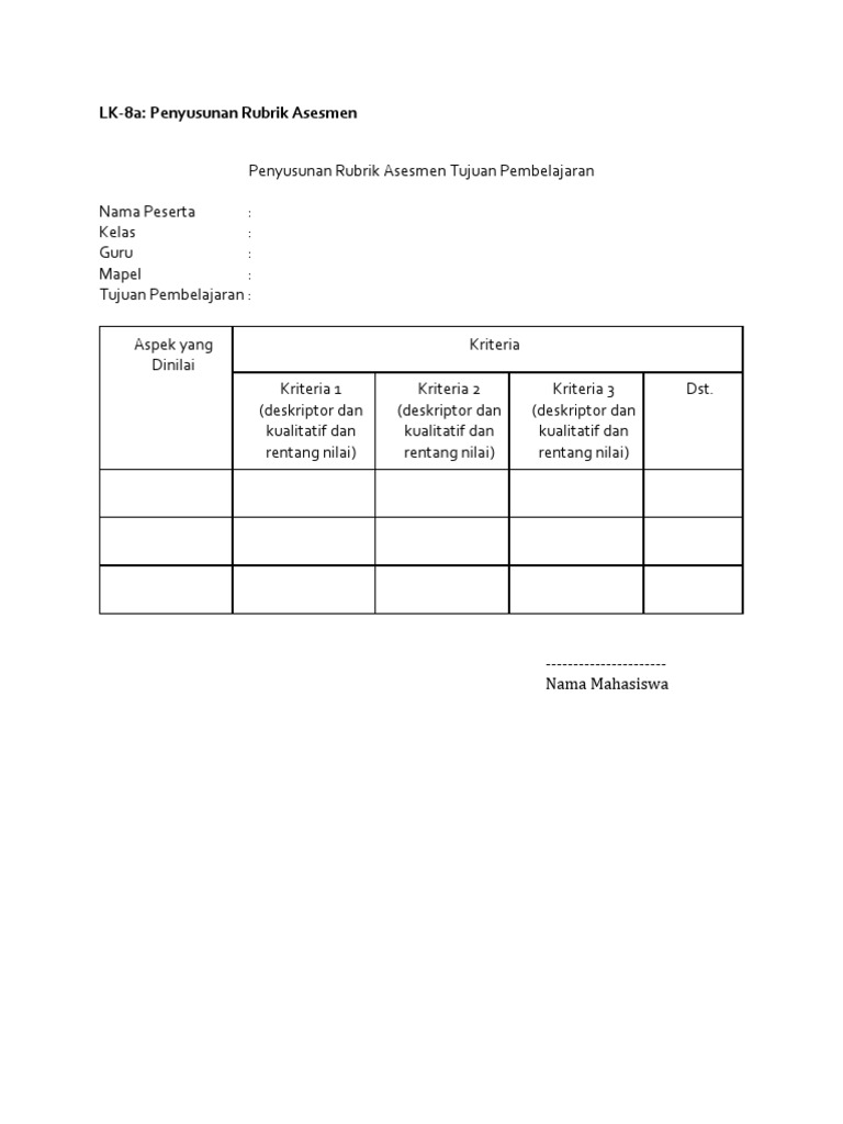 LK-8a-Mengolah Hasil Asesmen Dan Laporan Hasil Asesmen - Penyusunan Rubrik Asesmen-9 Okt 23 | PDF