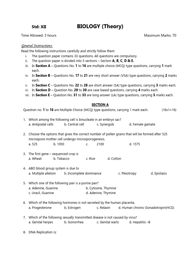 BIOLOGY (Theory) : STD: XII | PDF | Gene | Operon