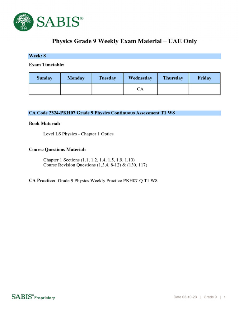 Grade 9 Physics Exam Guide UAE W8 | PDF