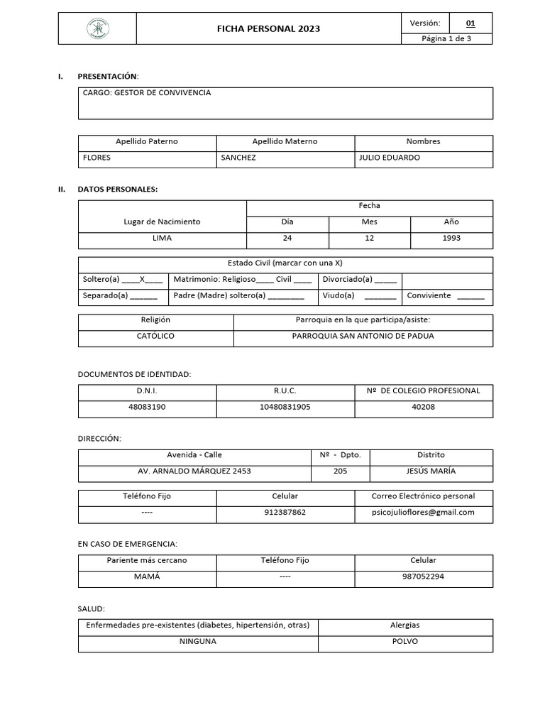 Ficha Personal 2023 - Julioflores | PDF