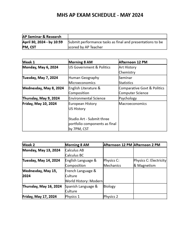 MHS AP Exam Schedule May 2024 | PDF | Social Science | Technology ...