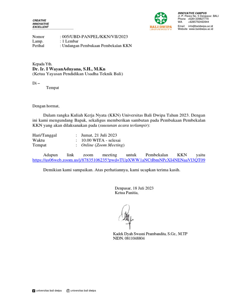 Undangan Pembukaan Pembekalan KKN (Ketua Yayasan) | PDF