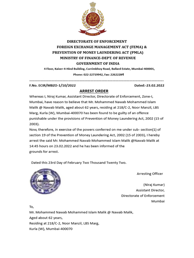 Arrest Order by Enforcement Directorate | PDF | Finance & Money Management