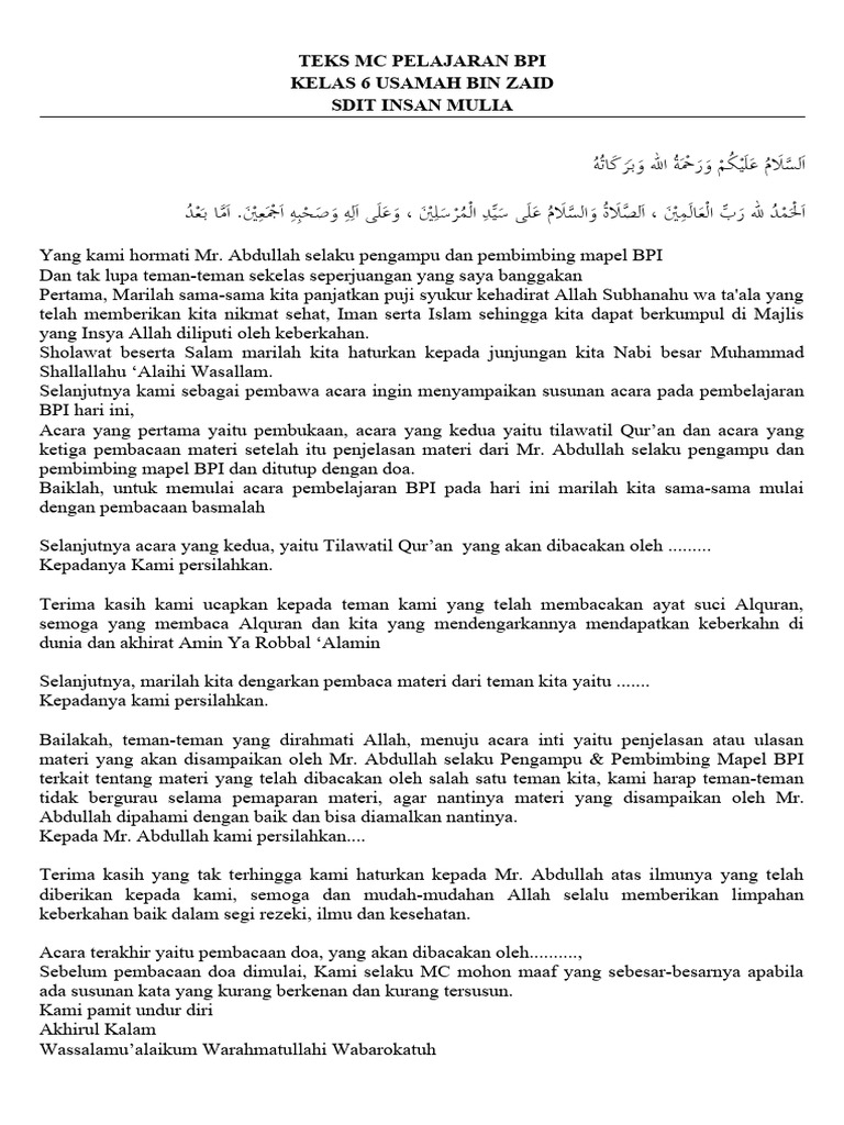 Teks MC Pelajaran Bpi | PDF | Pengembangan Diri