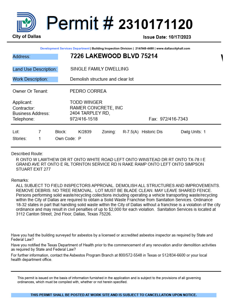 City of Dallas Demolition Permit and Authorization 7226 Lakewood BLVD | PDF
