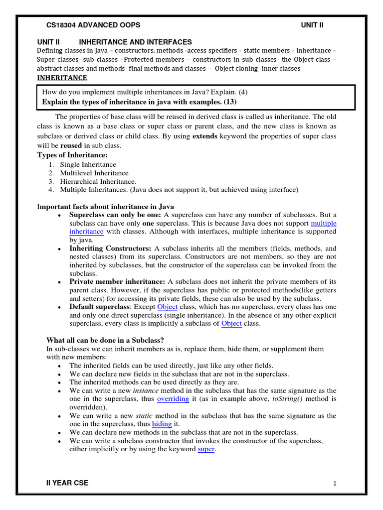 Aoops Unit 2 Pdf Inheritance Object Oriented Programming Class