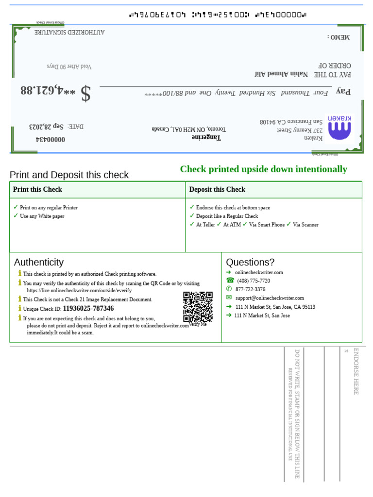 Print and Deposit This Check: Check Printed Upside Down Intentionally ...
