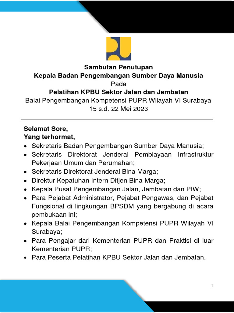 SAMBUTAN MENUTUP KPBU SEKTOR JALAN DAN PERUMAHAN 2023 - Edit | PDF | Bisnis