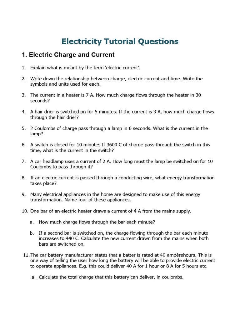 Electricity Tutorial Questions 0 | PDF | Teaching Methods & Materials ...