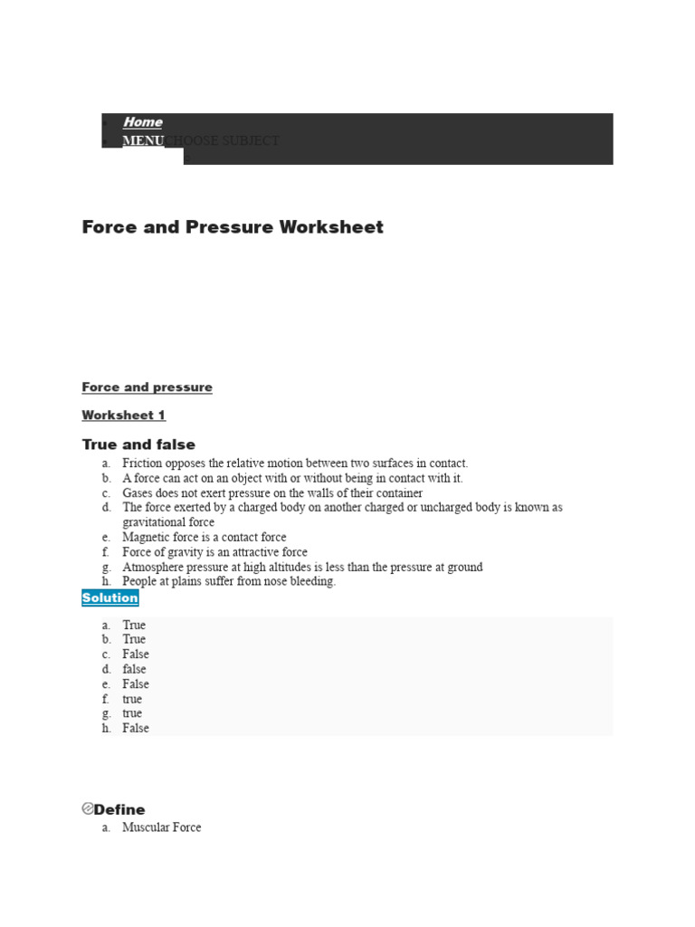 Force and Pressure Worksheet for Class 8 | PDF
