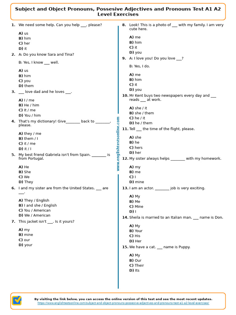 422 - Subject and Object Pronouns Possesive Adjectives and Pronouns ...