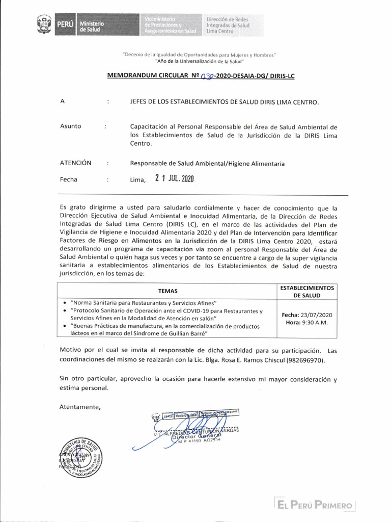 Memorandun Circular N°030-2020-Dg-Diris-Lc | PDF