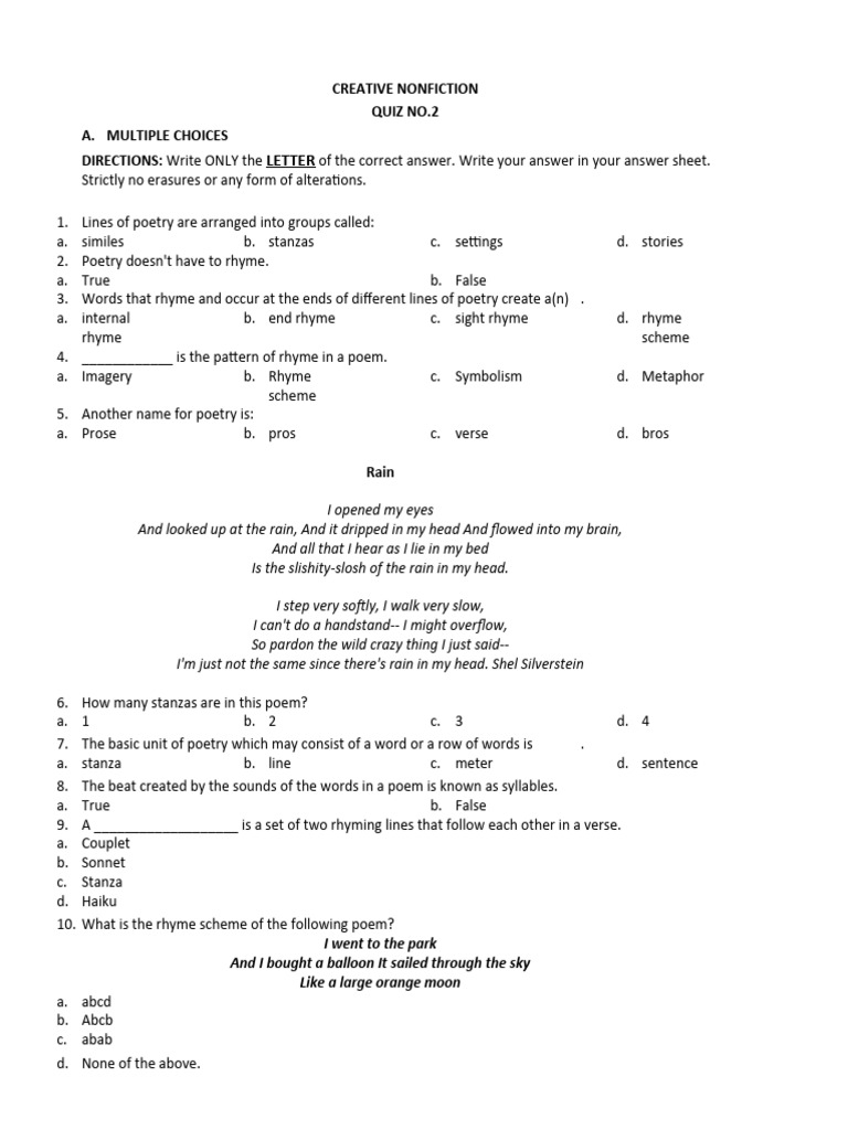 Elements of Poetry Worksheet - Answer Key | PDF