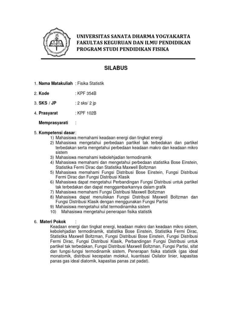 Silabus Fisika Statistik | PDF