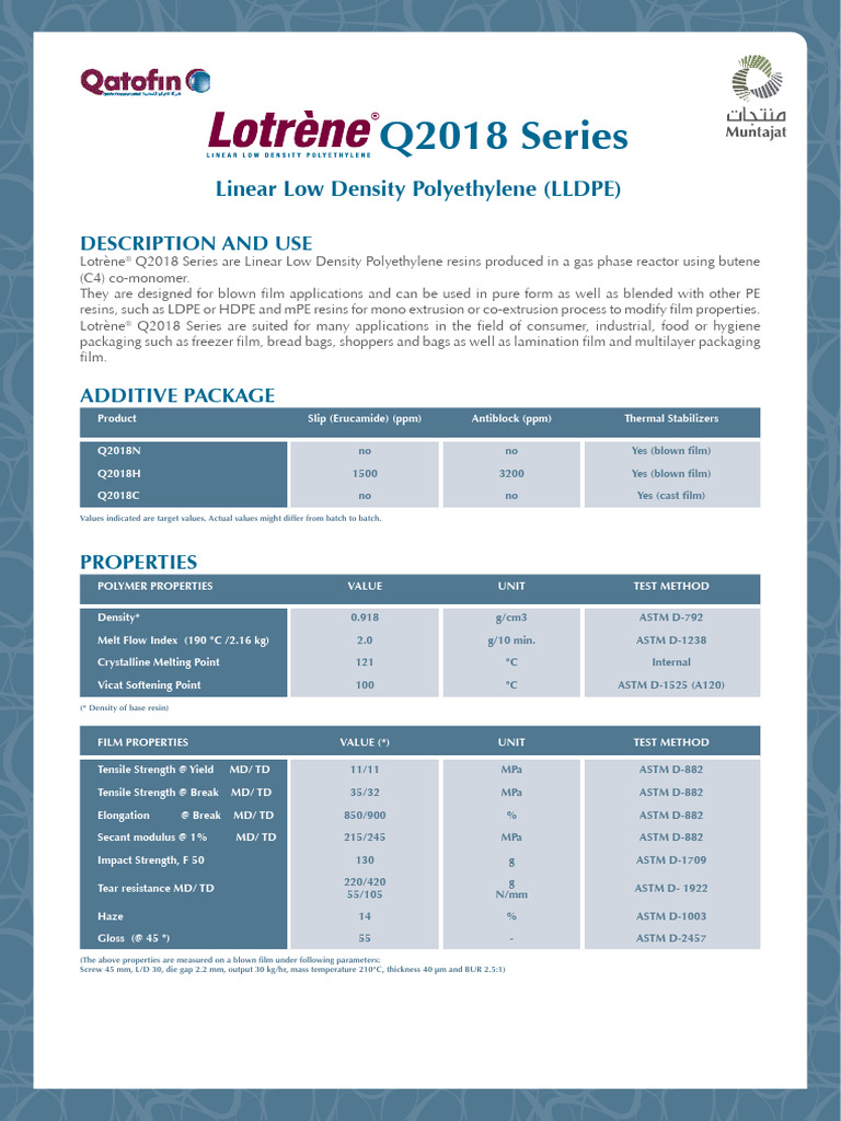 Qatofin Lotrene Q2018 | PDF | Polyethylene | Extrusion