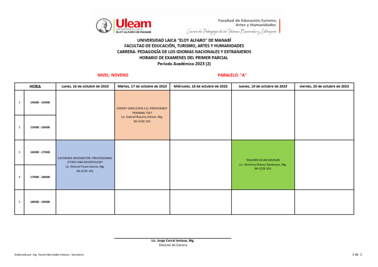 9 Horario Examen Noveno Nivel-1P-PINE-2023 | PDF