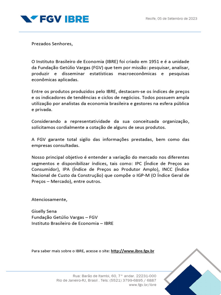 Carta de Apresentação FGV Ibre. | PDF
