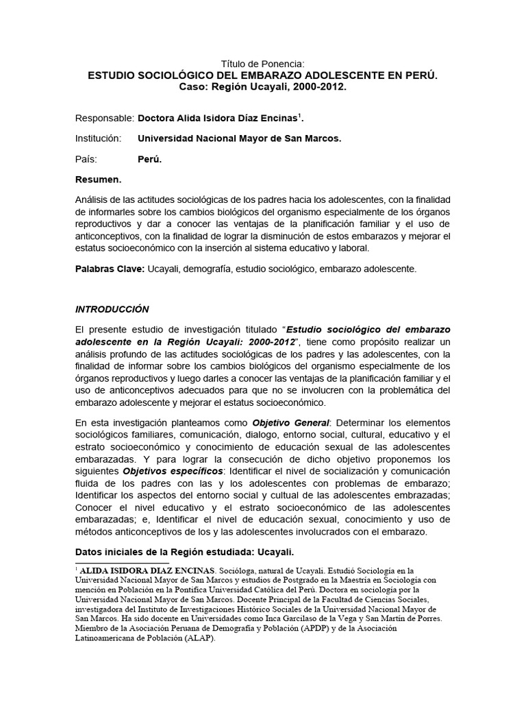 Estudio Sociologico Del Embarazo Adolescente en Peru Caso Region Ucayali 20002012 | PDF