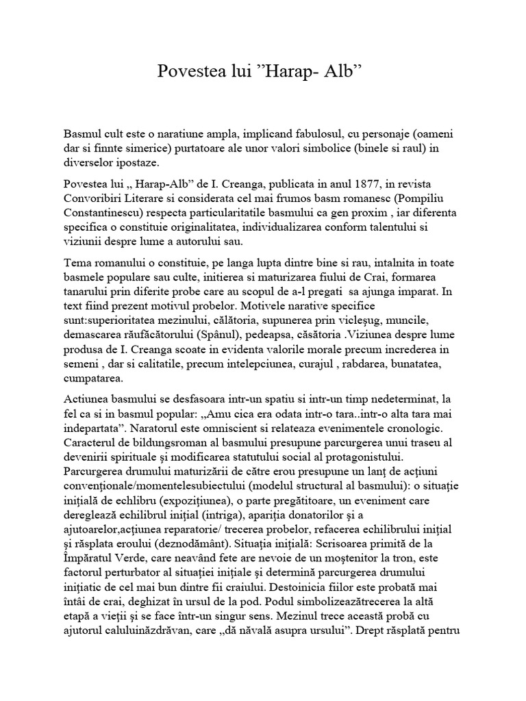 Povestea Lui Harap Alb ESEU BACALAUREAT | PDF