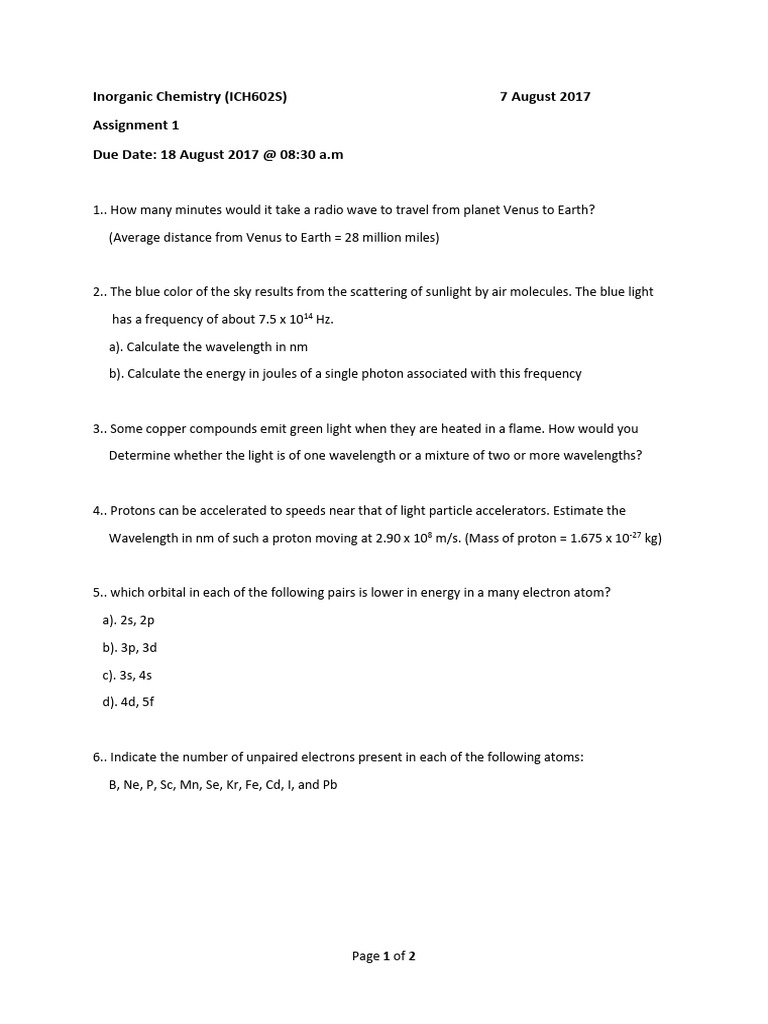 Inorganic Chemistry Assignment 1 2017 | PDF