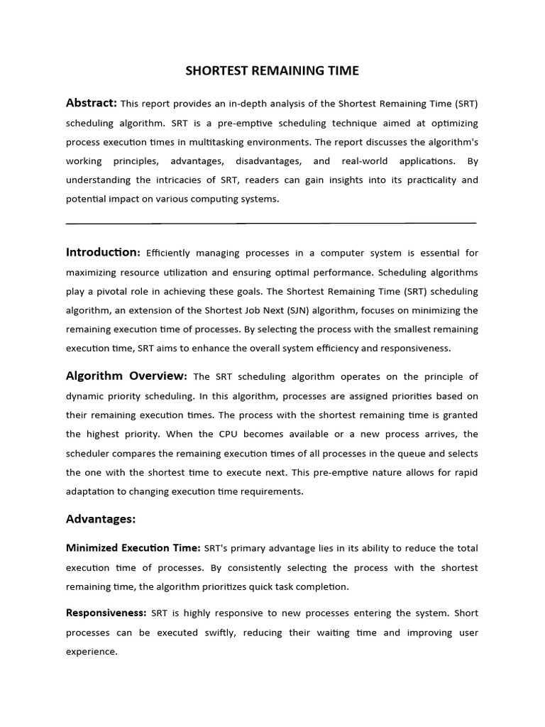 Shortest Remaining Time Scheduling Analysis | PDF
