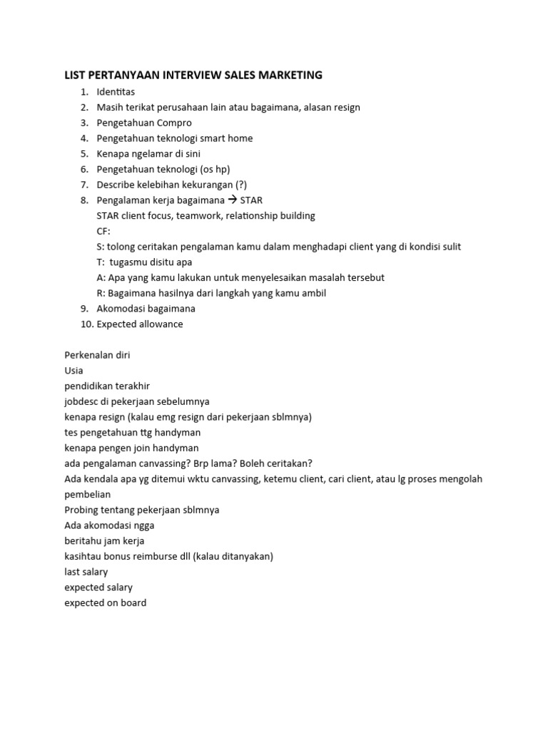 List Pertanyaan Interview Sales Marketing | PDF