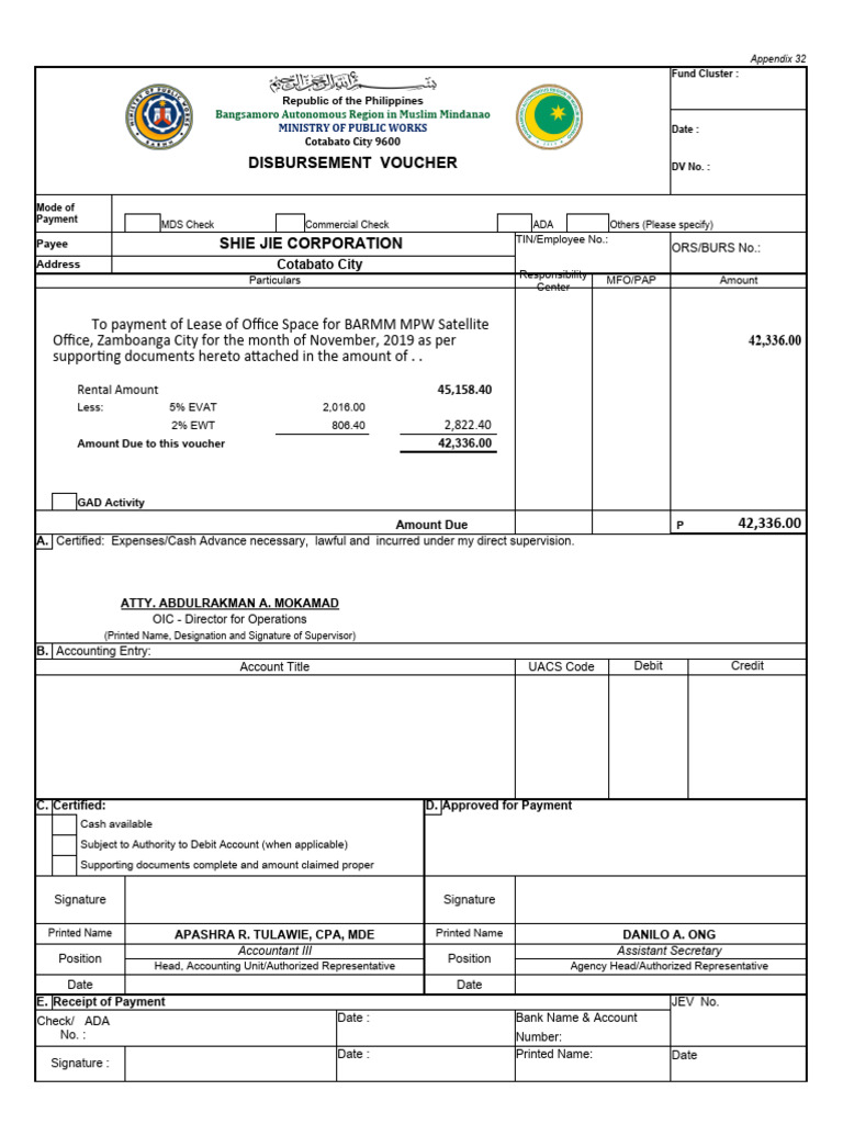BARMM MPW Disbursement Vouchers | PDF | Payments | Cheque