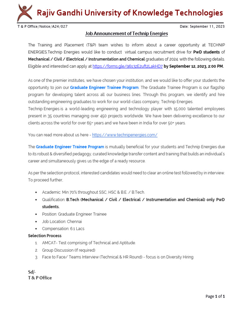 Technip Energies PwD Recruitment | PDF