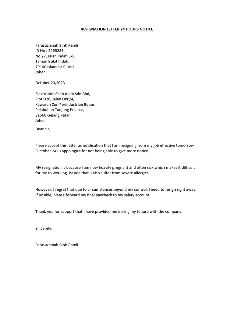 Resignation Letter 24 Hours Notice | PDF