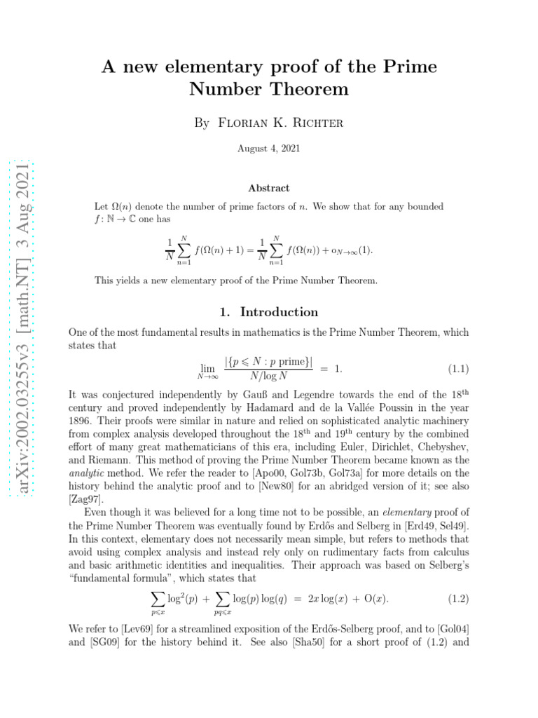 A New Elementary Proof of The Prime Number Theorem: by Florian K ...